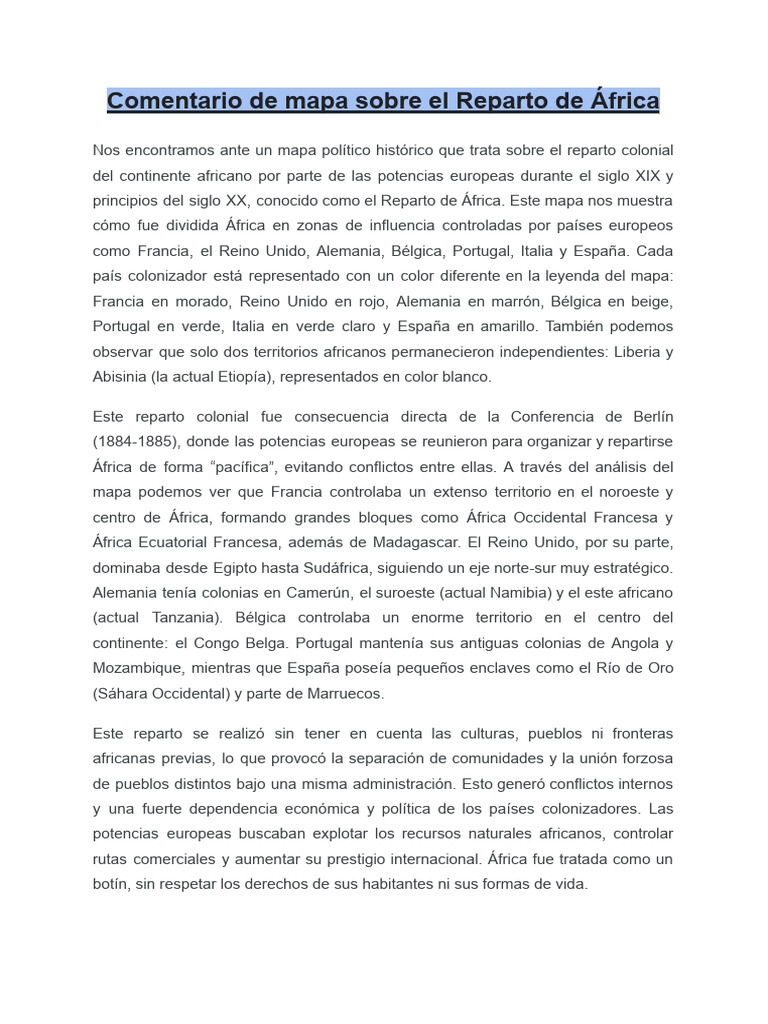 Comentario de Mapa Sobre El Reparto de África | PDF | África | Colonialismo