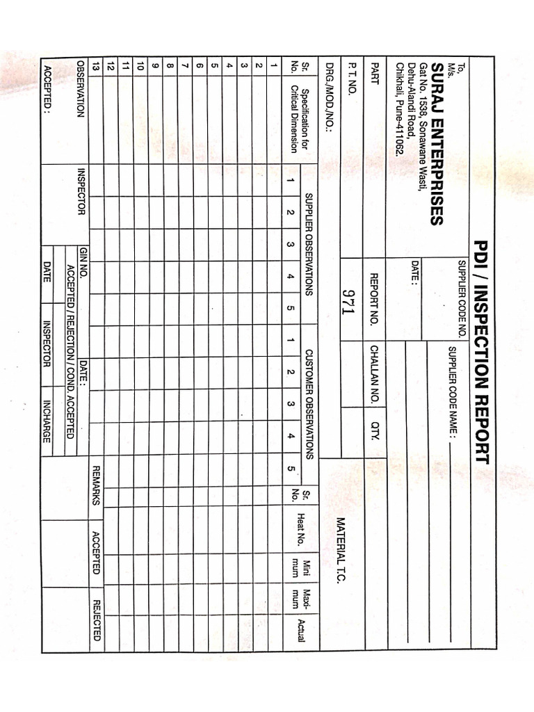 Pdi-Inspection Report Format | PDF