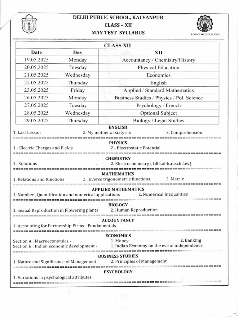 DPS Kalyanpur Class XII May Test Syllabus | PDF