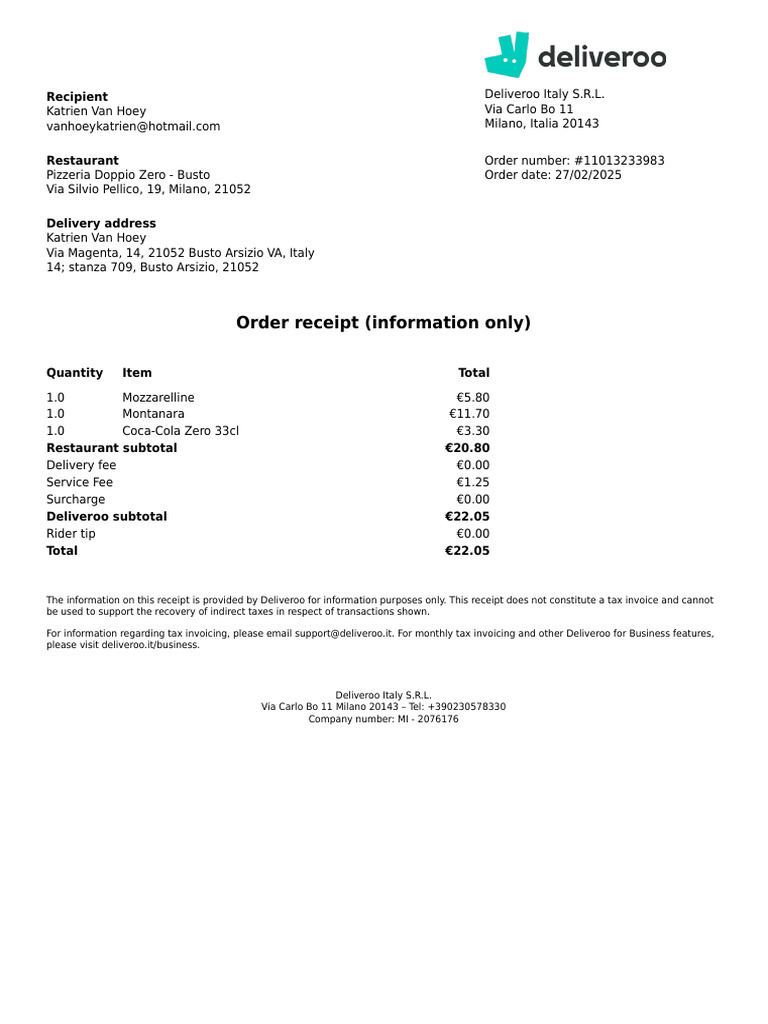 Deliveroo Order Receipt 11013233983 | PDF | Receipt | Money