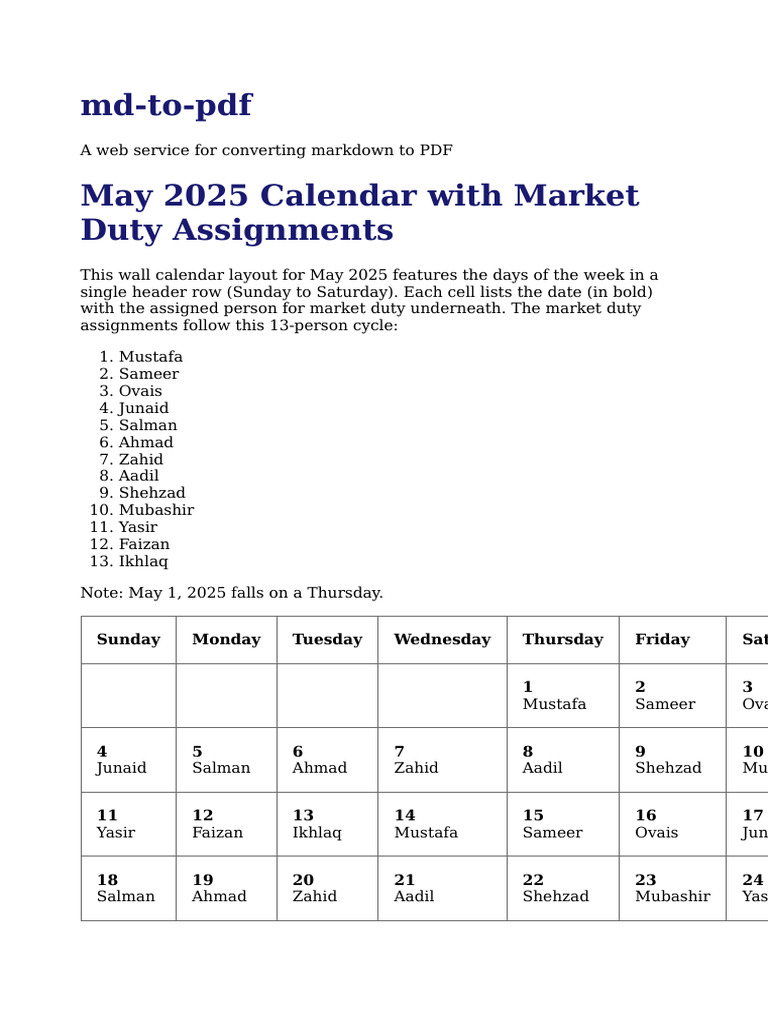 Md-To-Pdf May 2025 Calendar With Market Duty Assignments: Sunday Monday Tuesday Wednesday ...