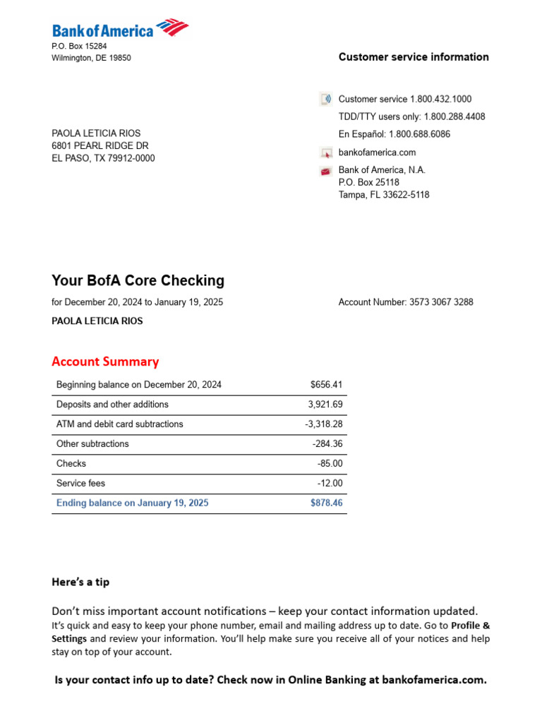 Bank of America Bank Statement 2025 | PDF
