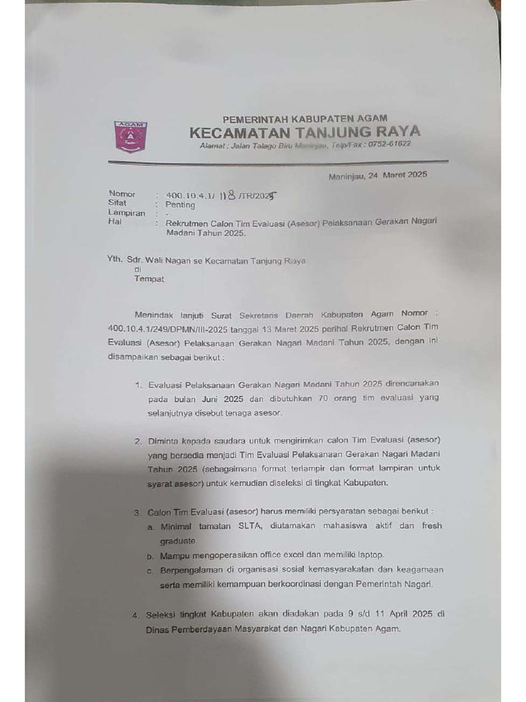Surat Rekrutmen Asesor GNM Untuk Nagari | PDF