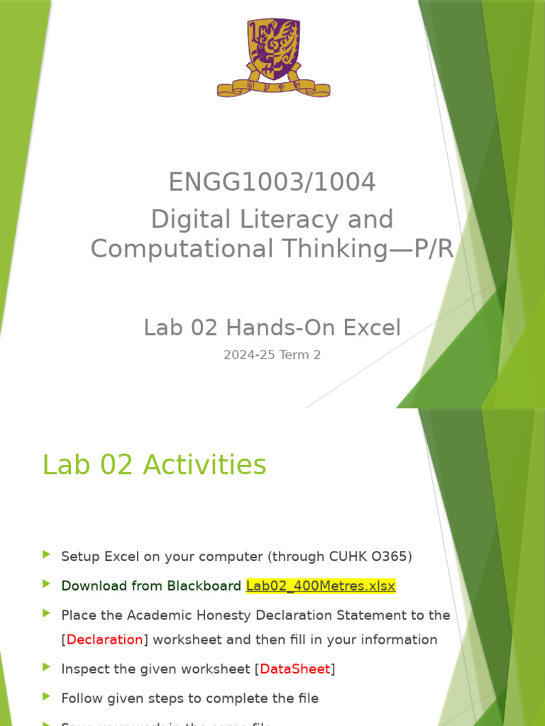 ENGG1003 Lab02 HandsOnExcel 2425T2 | PDF | Microsoft Excel | Computing