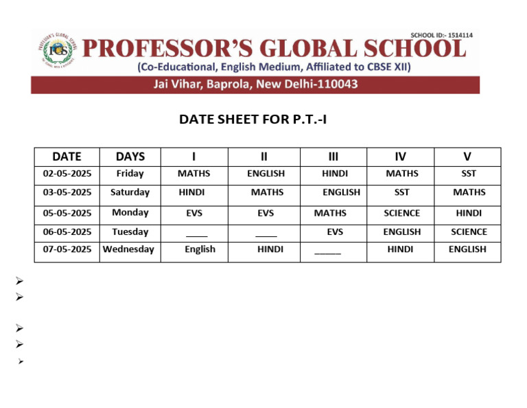 Date Sheet For PT 1 To 5 - 2 | PDF