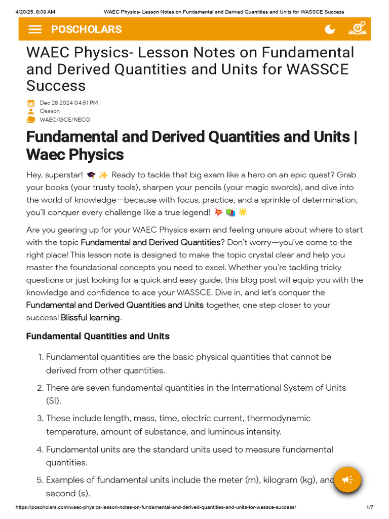 WAEC Physics: Fundamental & Derived Units | PDF | Density ...