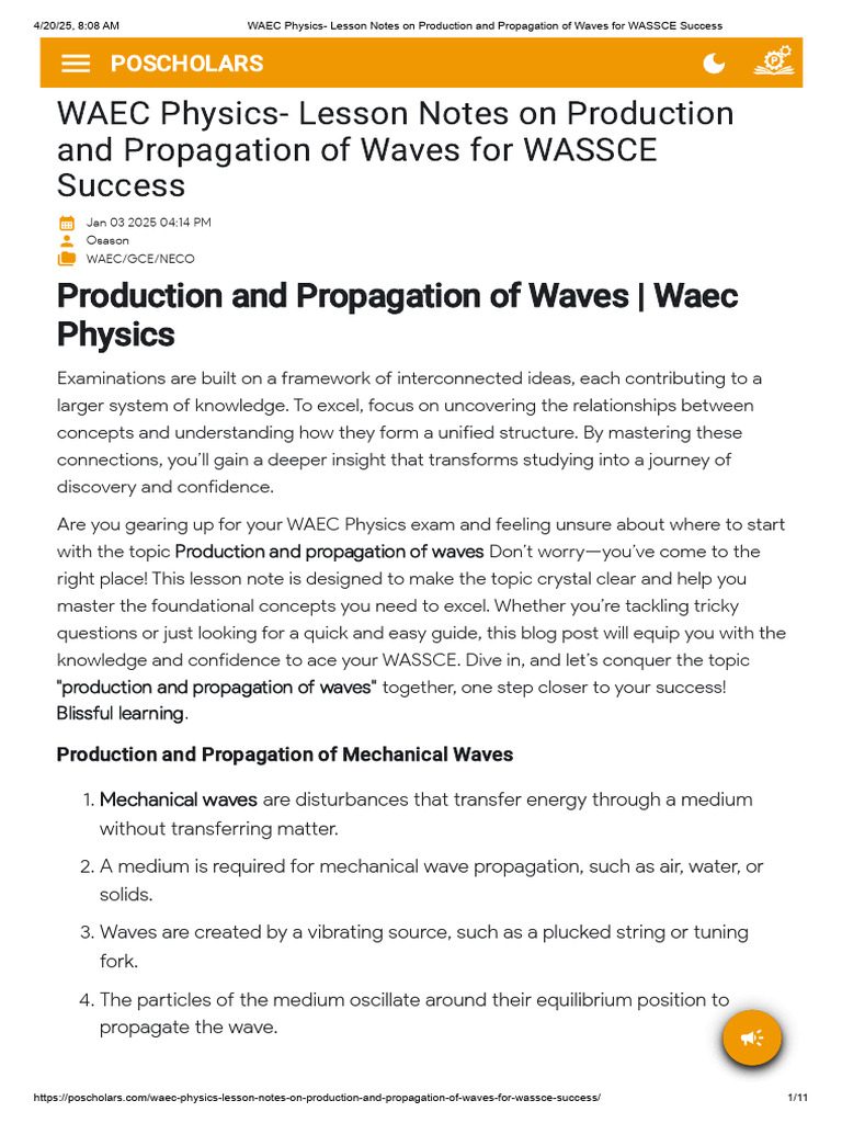 WAEC Physics - Lesson Notes On Production and Propagation of Waves For ...