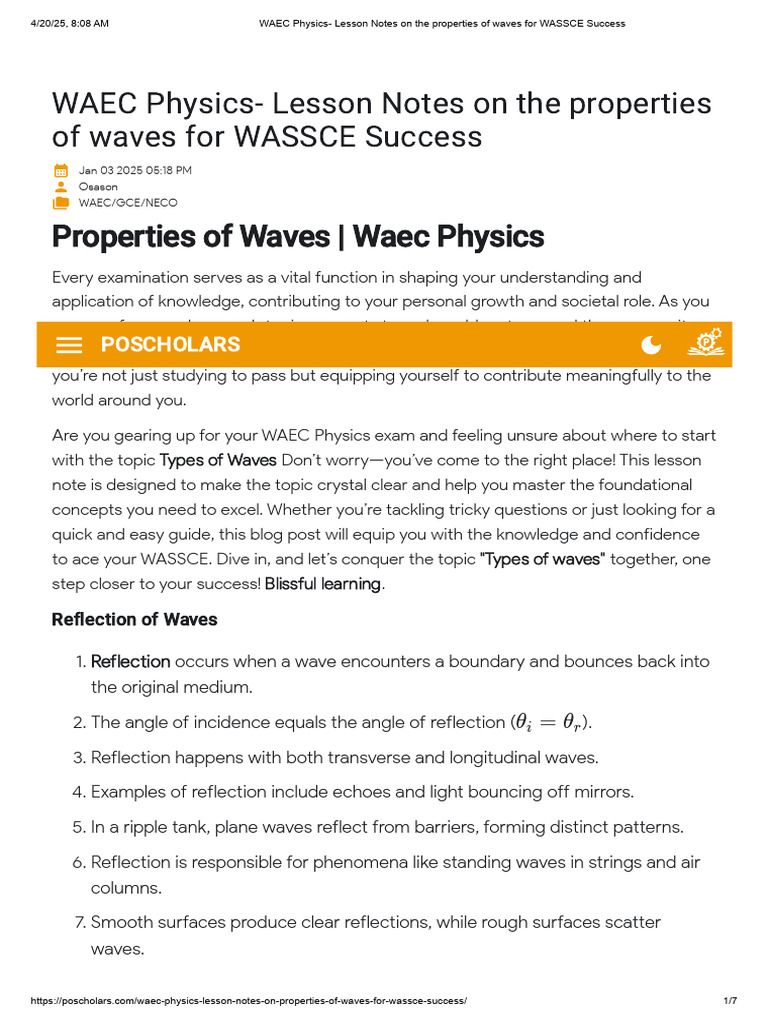 WAEC Physics - Lesson Notes On The Properties of Waves For WASSCE ...