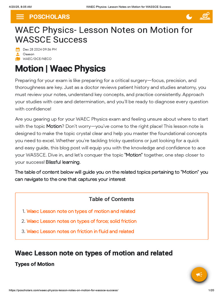 WAEC Physics: Motion Lesson Notes | PDF | Force | Friction