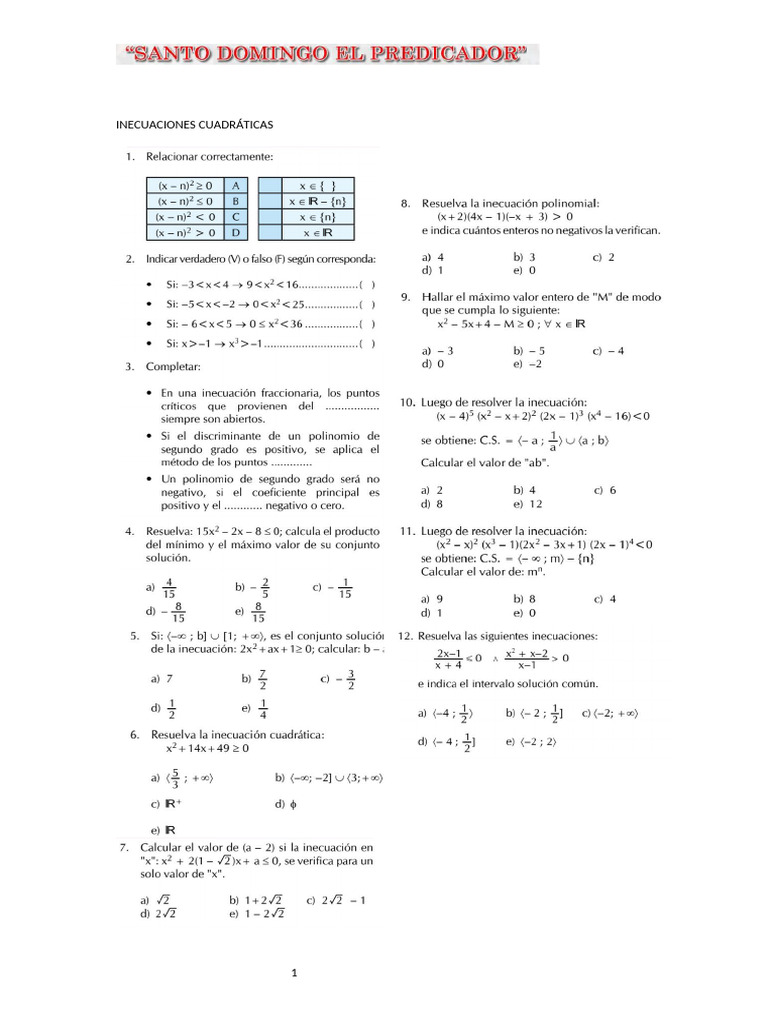 Inecuaciones Cuadráticas. SDP | PDF