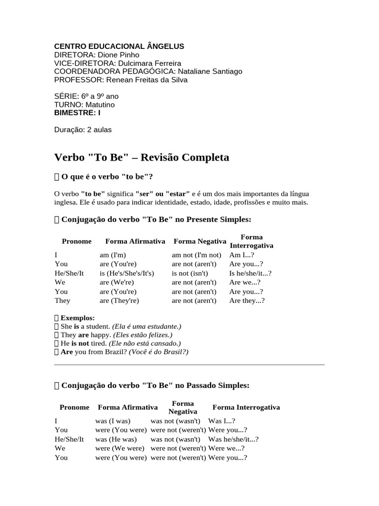Verbo "To Be": Revisão e Exercícios | PDF