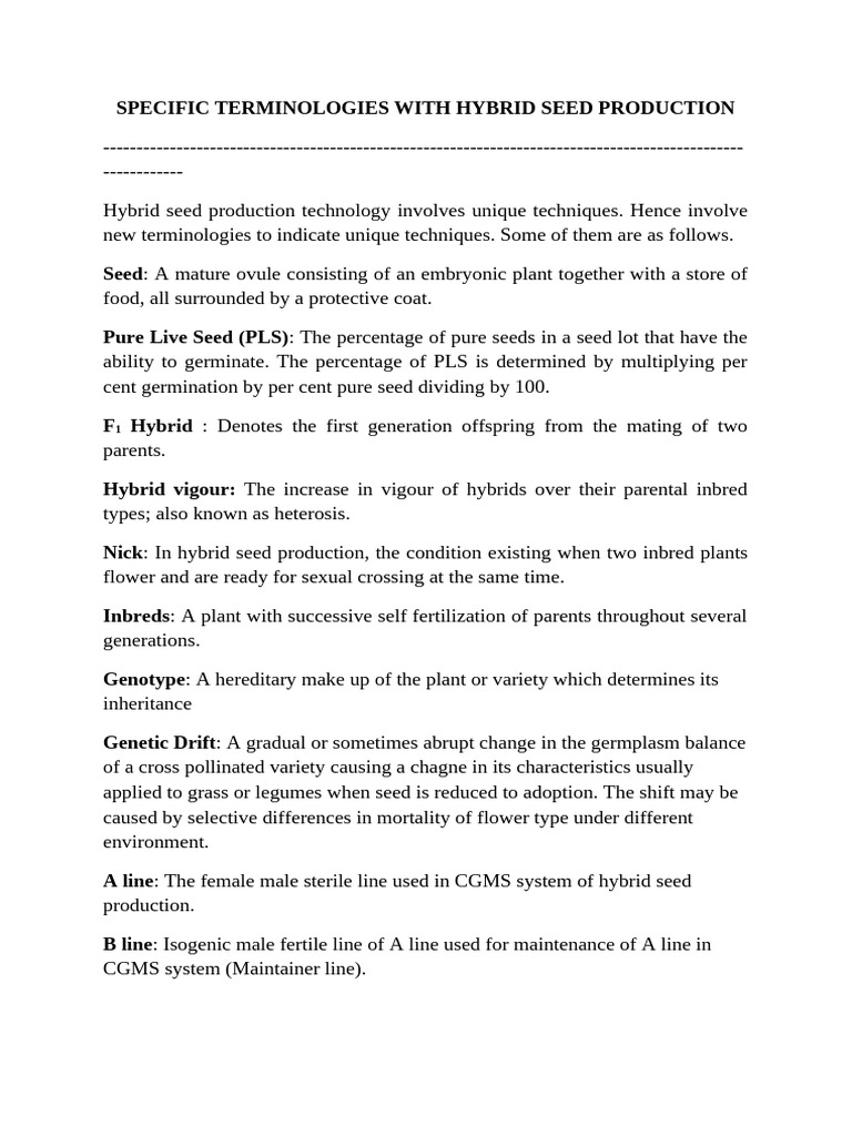 Specific Terminologies With Hybrid Seed Production | PDF | Seed ...