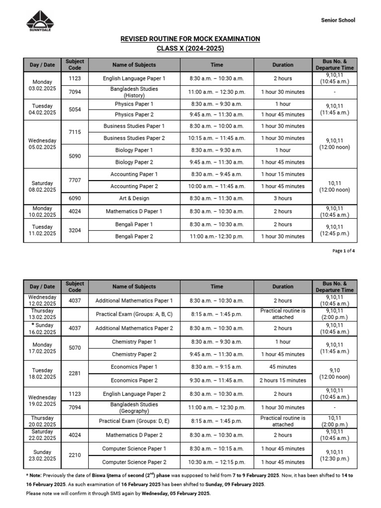 Class X - Mock Exam Routine 2024-2025 | PDF