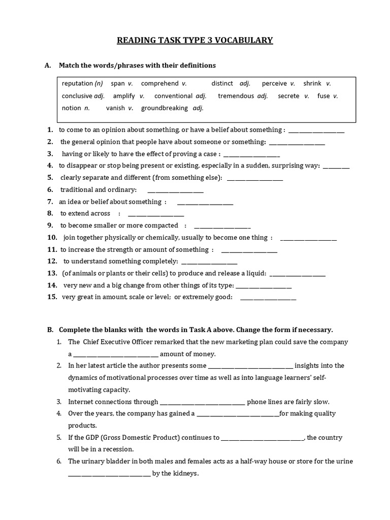 Reading Task Type 3 Vocabulary | PDF