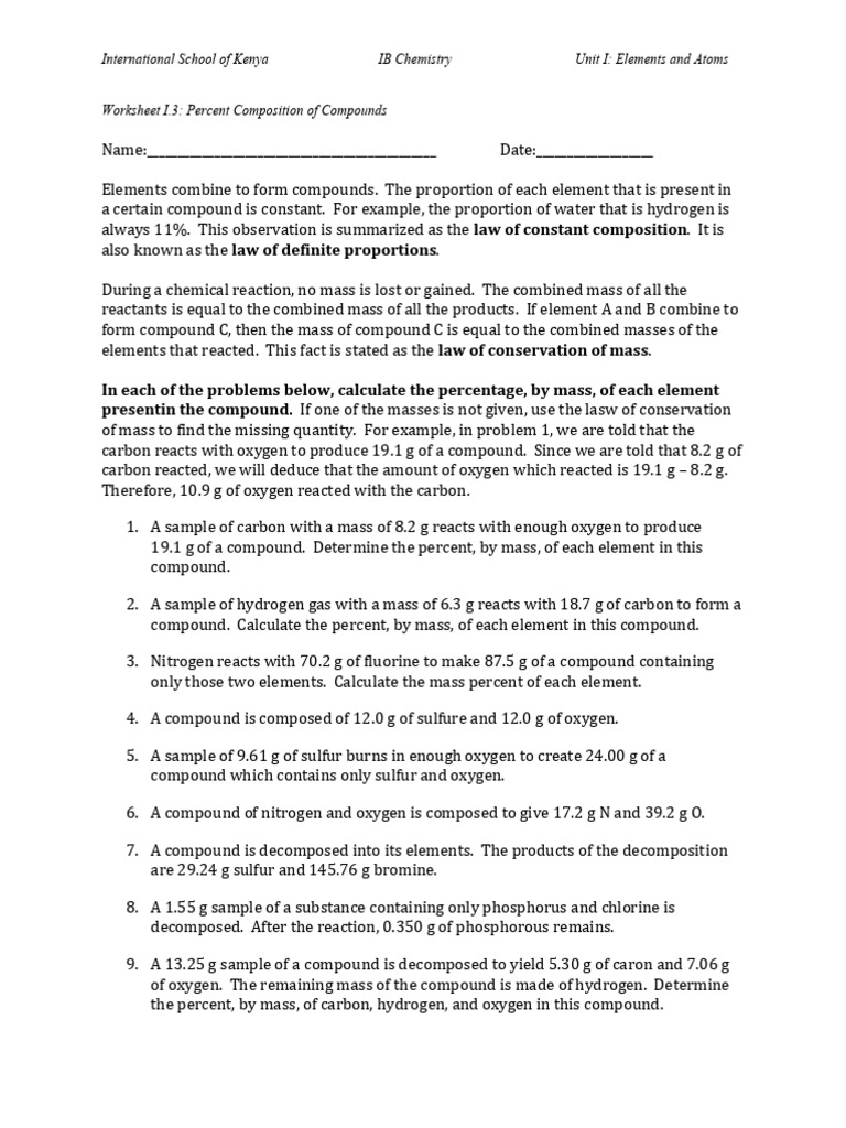 IB Chem Worksheet I-3 Percent Composition | PDF | Chemical Elements ...