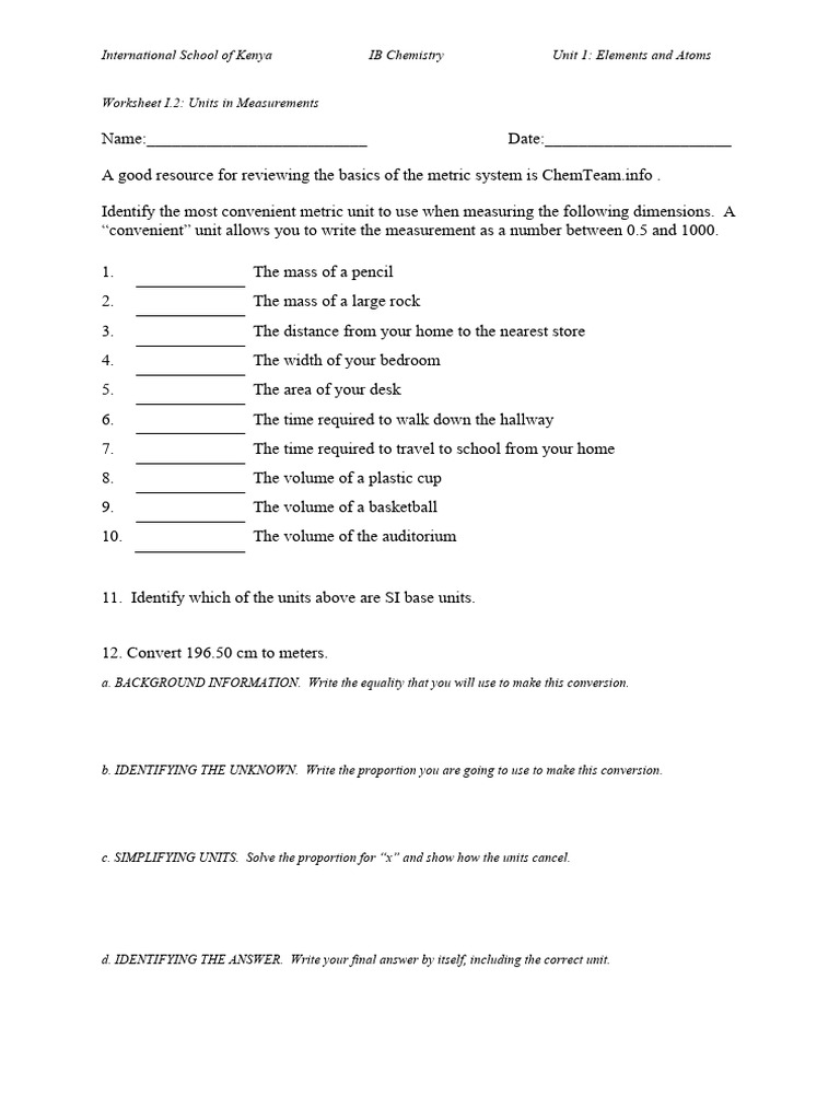 SI Units Measurement Worksheet | PDF | Mole (Unit) | Volume