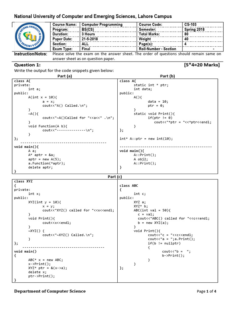 2018 - Final - Spring - OOP | PDF | Class (Computer Programming) | Multiple Choice