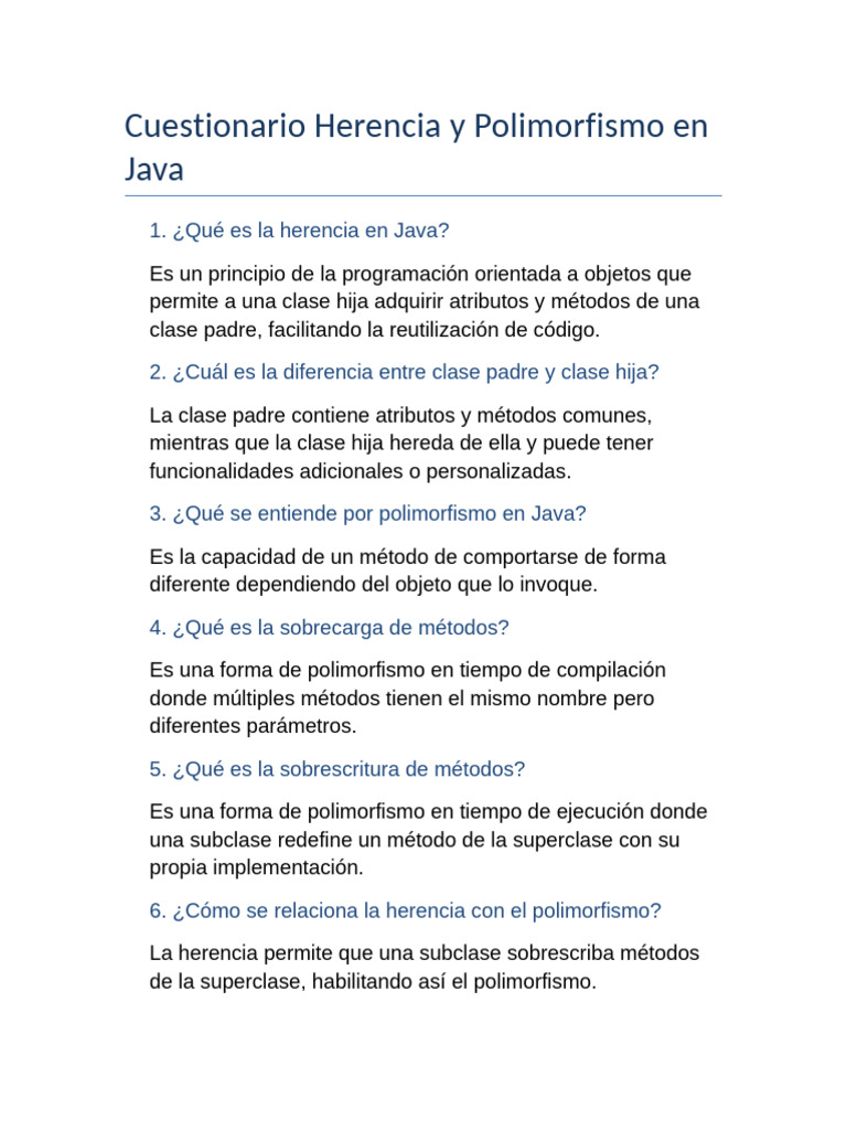 Cuestionario - Herencia - Polimorfismo (POO) | PDF