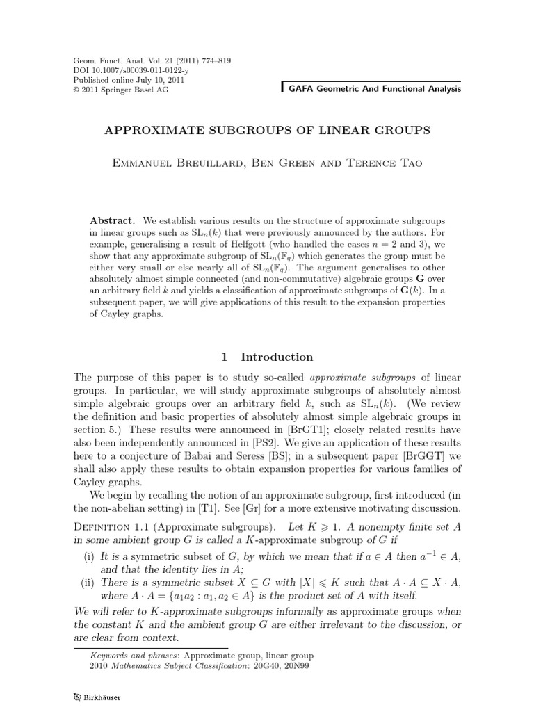 Approximate Subgroups of Linear Groups | PDF | Algebraic Geometry ...