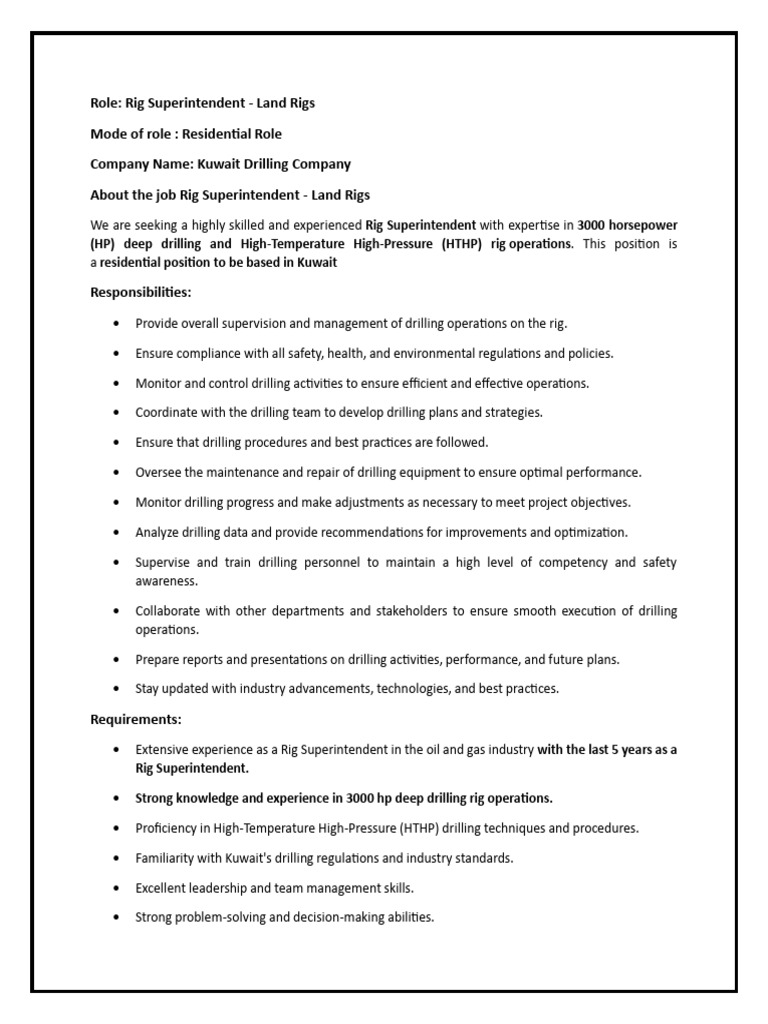 Rig Superintendent - JD | PDF