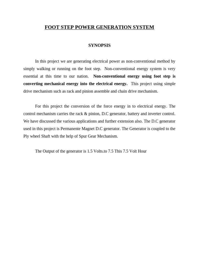 FOOT-STEP-POWER-GENERATION_SYNOPSIS (3) | PDF | Electric Generator | Gear