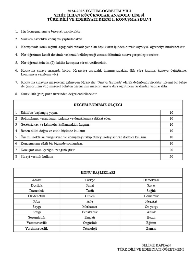 Türk Di̇li̇ Ve Edebi̇yati Dersi̇ Konusma Sinavi1 | PDF