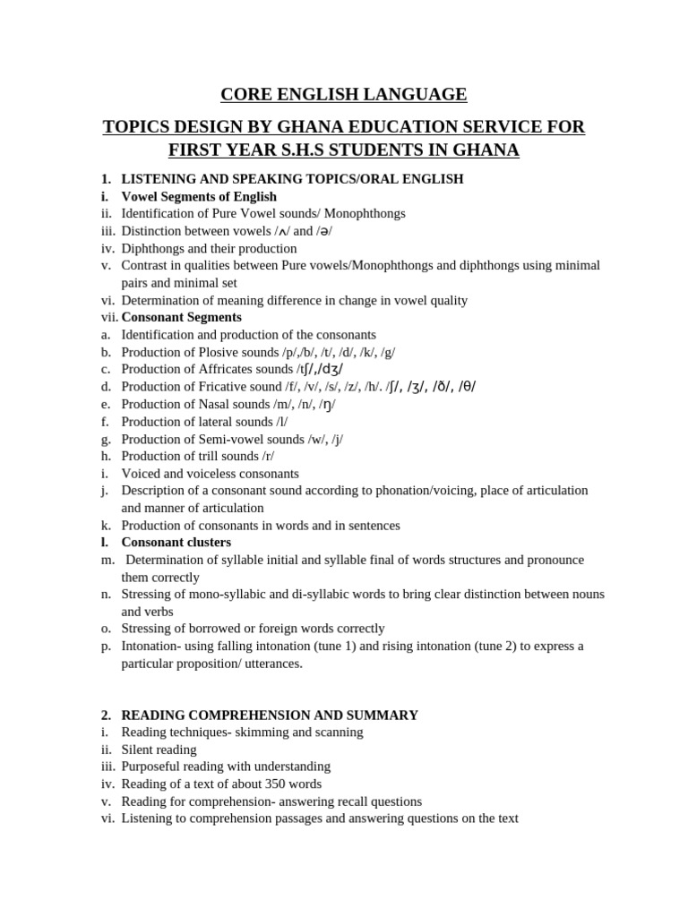 SHS 1 English Language Curriculum Guide | PDF | Consonant | Verb