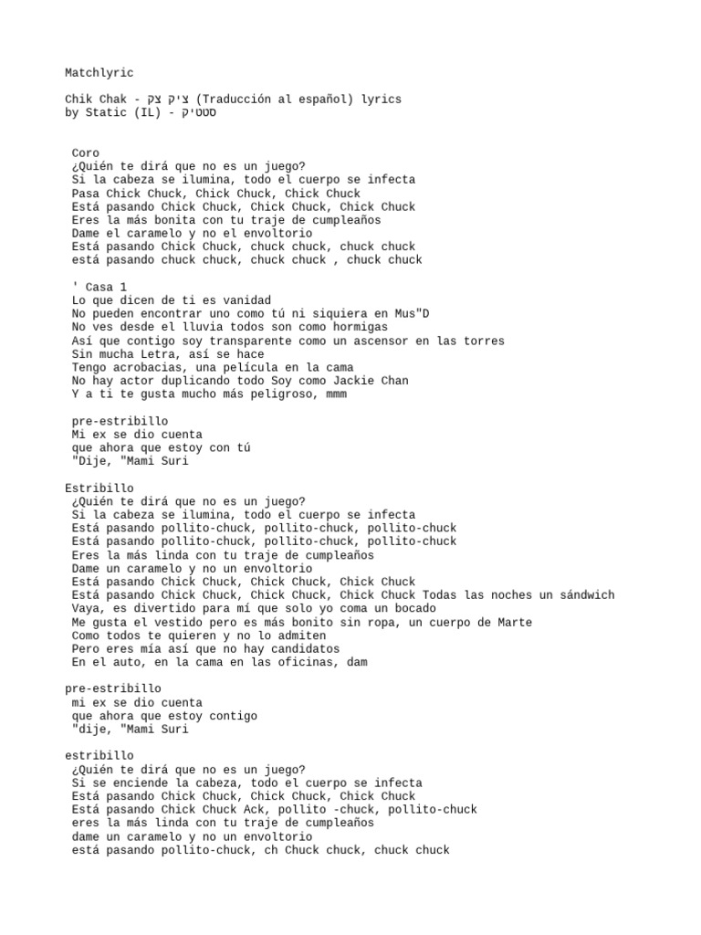 Chik Chak d7 A6 d7 99 d7 A7 d7 A6 d7 A7 Traduccion Al Espanol Lyrics | PDF