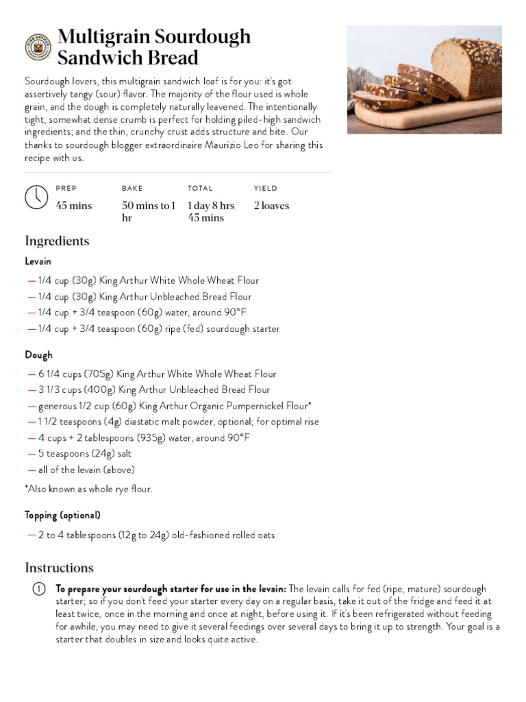 Multigrain Sourdough Sandwich Bread Recipe - King Arthur Baking | PDF | Sourdough | Breads