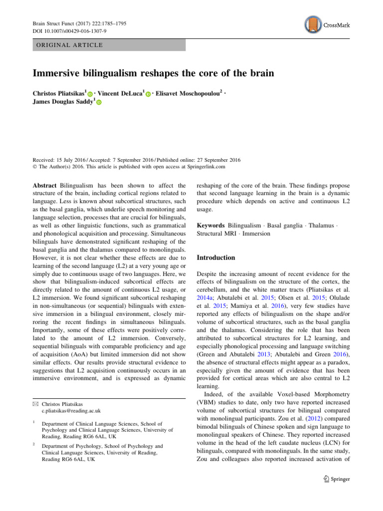 Immersive Bilingualism Reshapes The Core of The Brain | PDF | Multilingualism | Cerebral Cortex