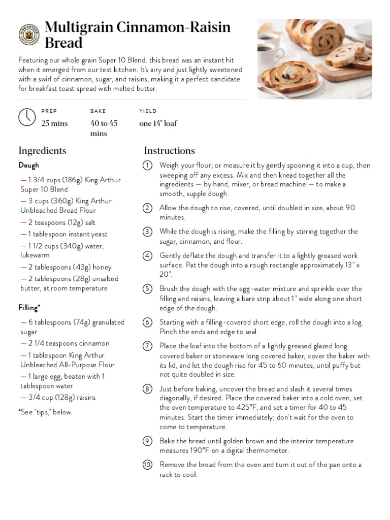 Multigrain Cinnamon-Raisin Bread Recipe - King Arthur Baking | PDF | Breads | Dough