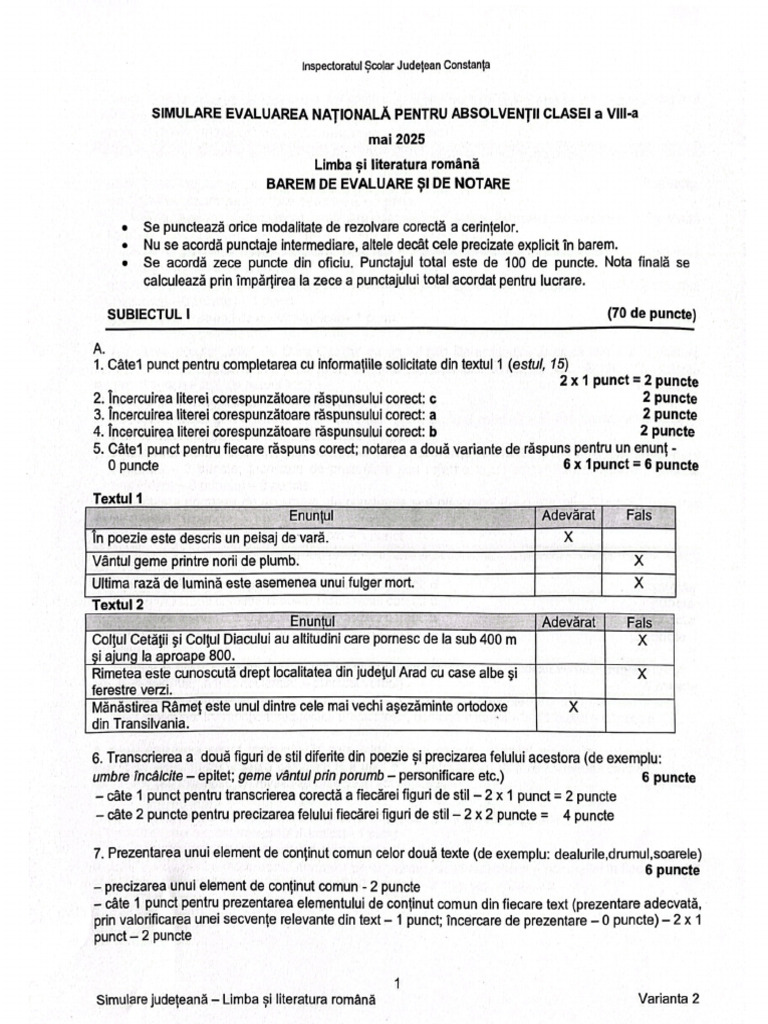BAREM SIMULARE ENVIII2025 Romana CONSTANTA MAI2025 Bar PDF | PDF