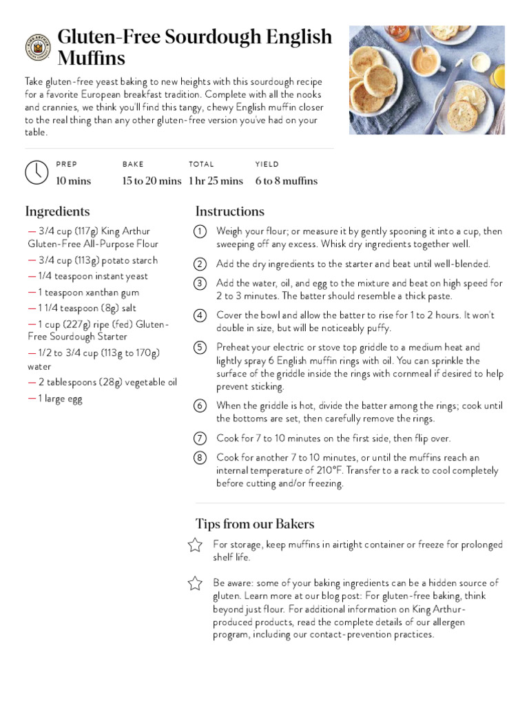 Gluten-Free Sourdough English Muffins Recipe - King Arthur Baking | PDF | Muffin | Gluten Free Diet