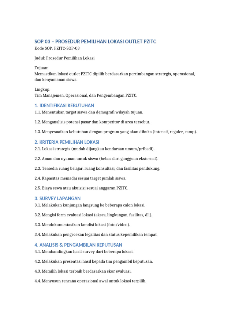SOP 03 Prosedur Pemilihan Lokasi PZITC | PDF