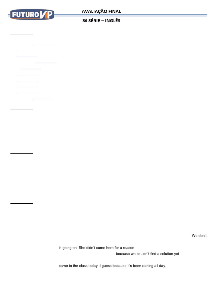 Lista de Exerc Av. Final 3 Série Inglês | PDF