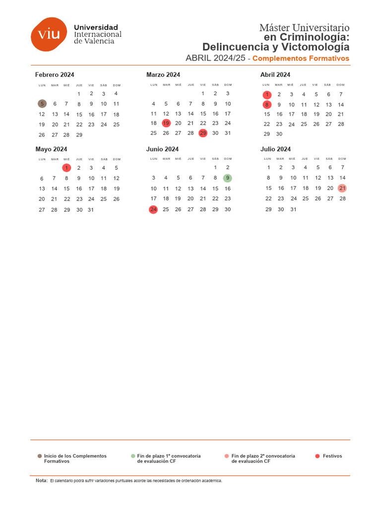 Calendario Máster Criminología 2024-2025 | PDF | Cumplimiento de la ley ...