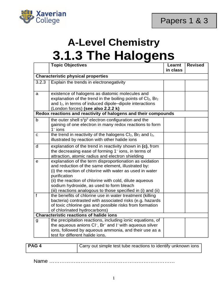 A-Level Chemistry: The Halogens Overview | PDF | Chlorine | Ammonium