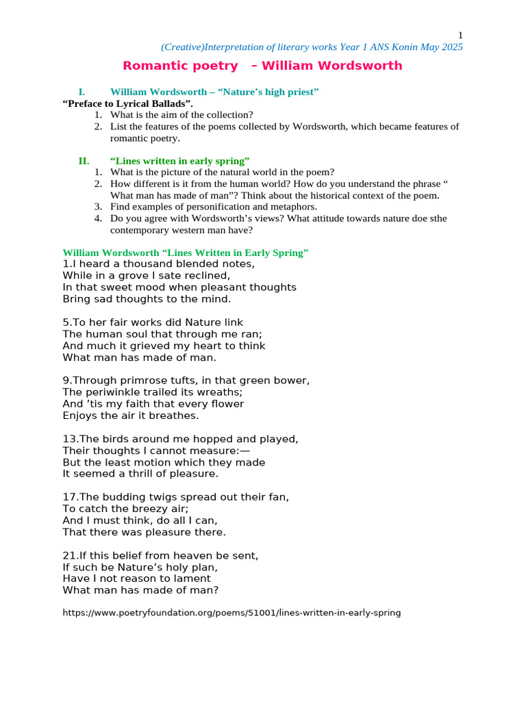 W. Wordsworth Poems and Tasks May 2025 | PDF