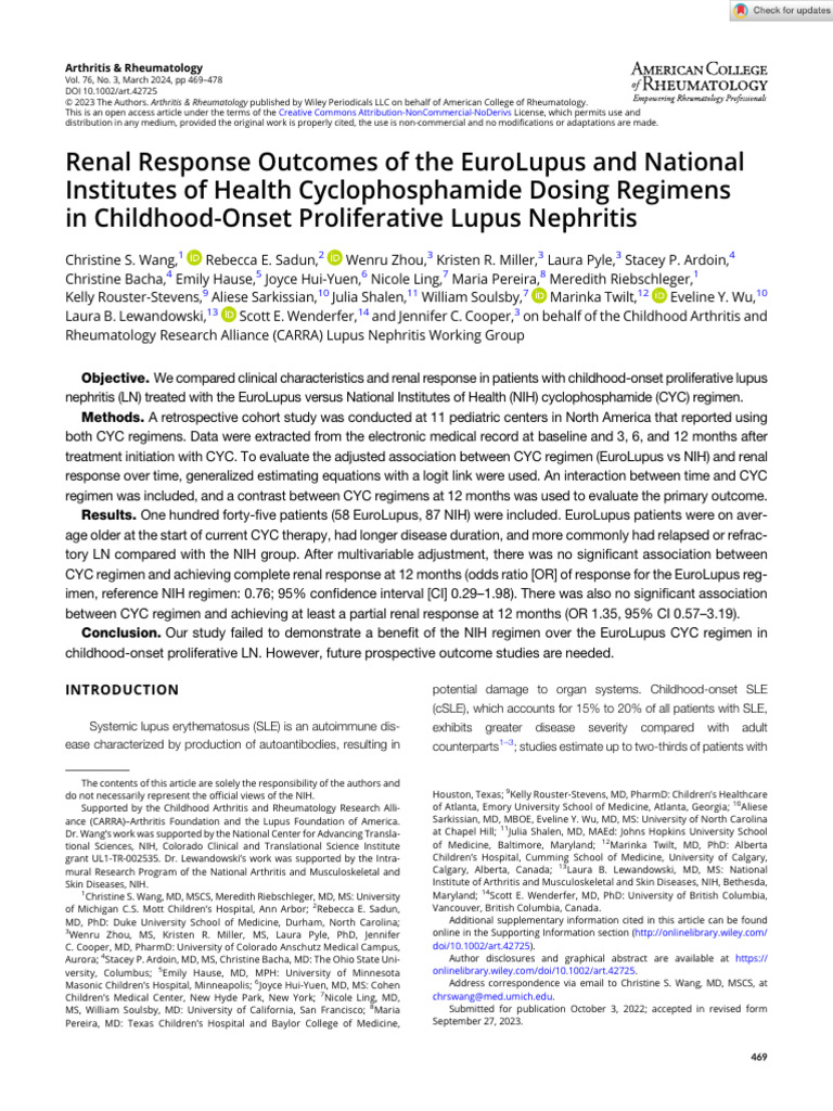Renal Response Outcomes of The EuroLupus and National Institutes of ...