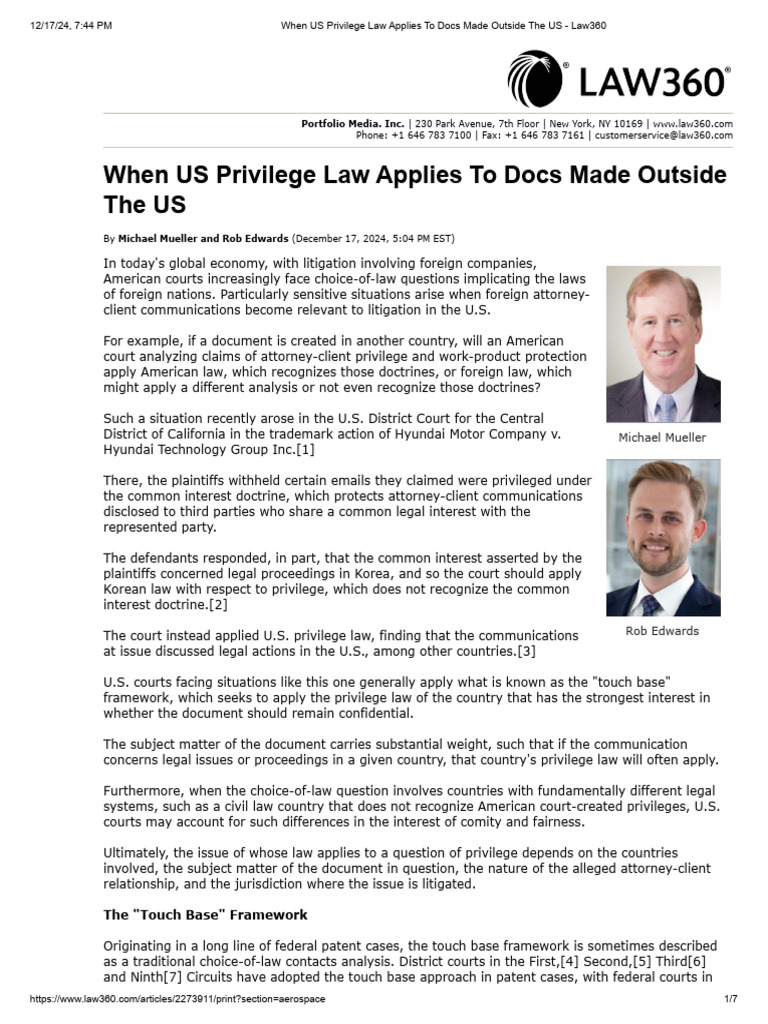When US Privilege Law Applies To Docs Made Outside The US - Law360 ...
