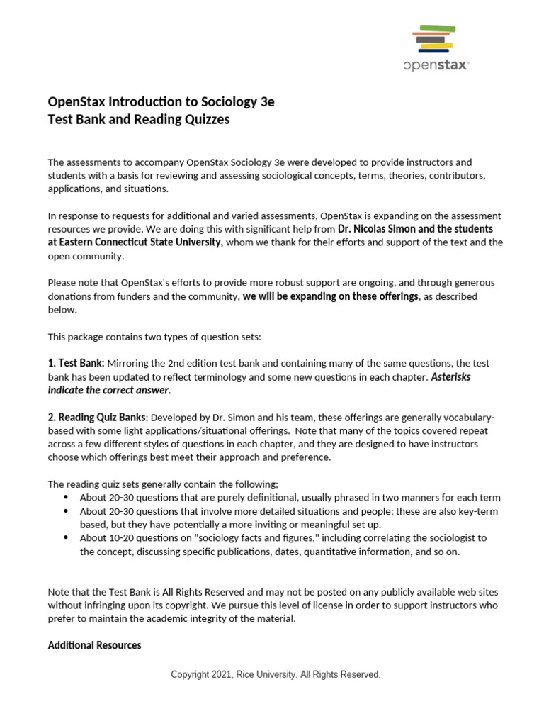 01 OpenStax Sociology 3e Assessments Introduction | PDF | Sociology | Multiple Choice