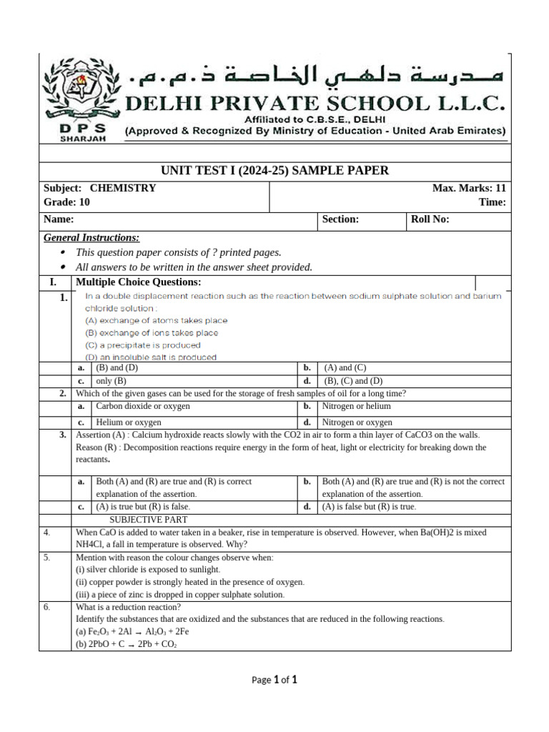 CHEMISTRY QP GRADE 10 2025-26 UT1 | PDF | Carbon Dioxide | Chemical Reactions