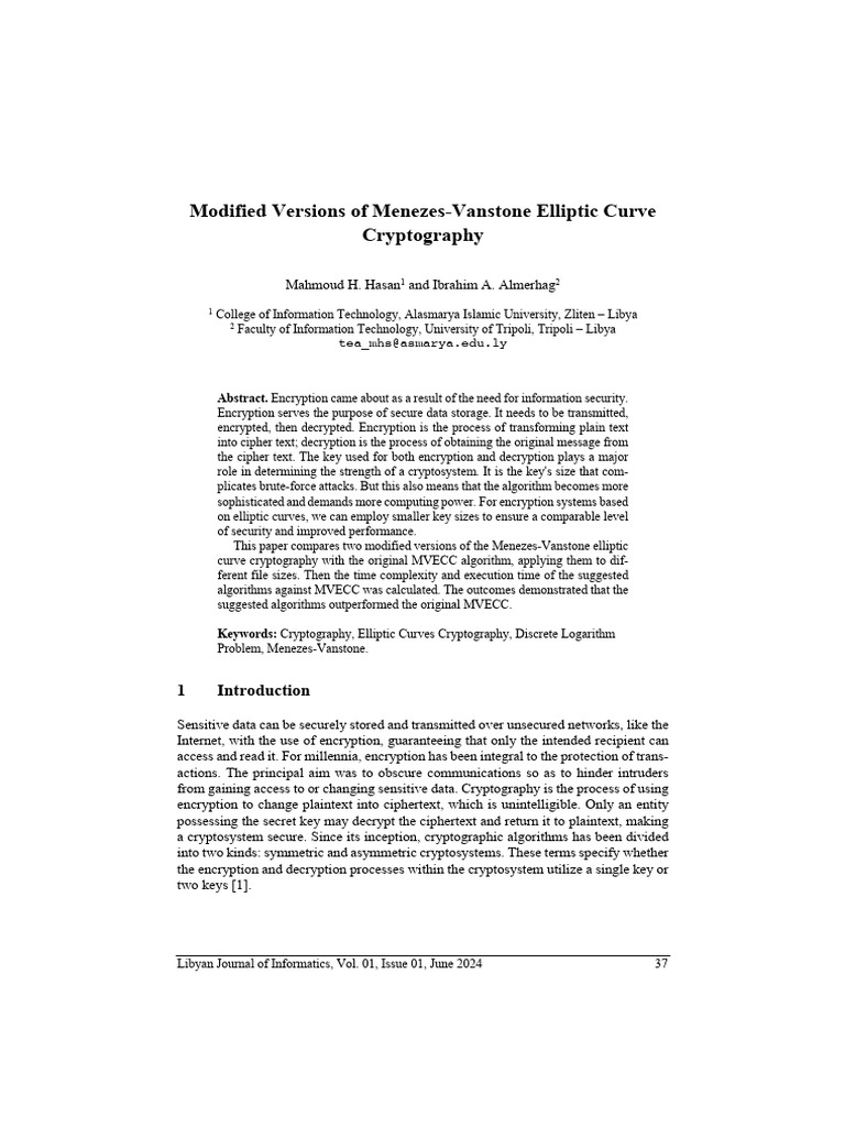 Modified Versions of Menezes-Vanstone Elliptic Curve Cryptography | PDF | Cryptography | Encryption