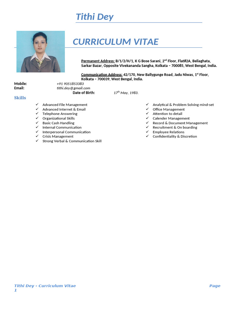 Tithi Dey CV | PDF | Human Resources | Employment