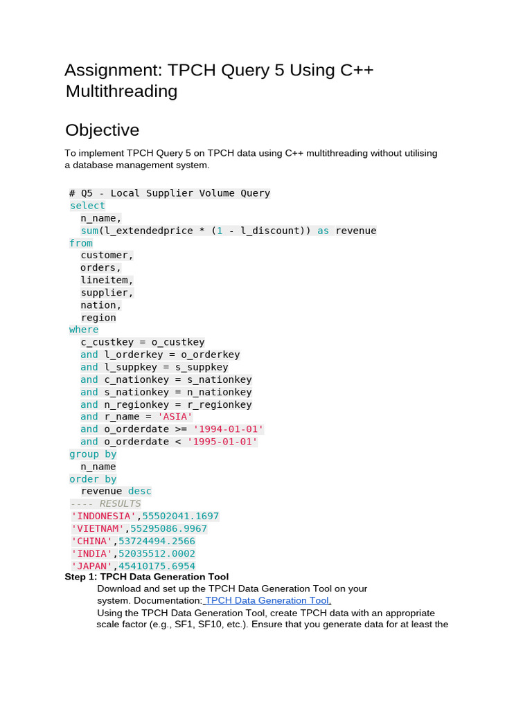 Assignment Plan TPCH Query 5 Using C++ Multi-Threading | PDF | Databases | Data Management
