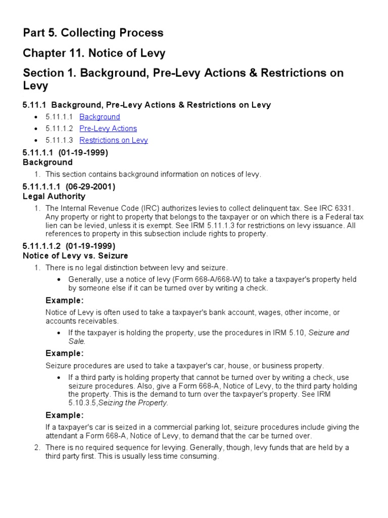 Internal Revenue Manual Part 5.11 Notice of Levy | Probate | Taxpayer