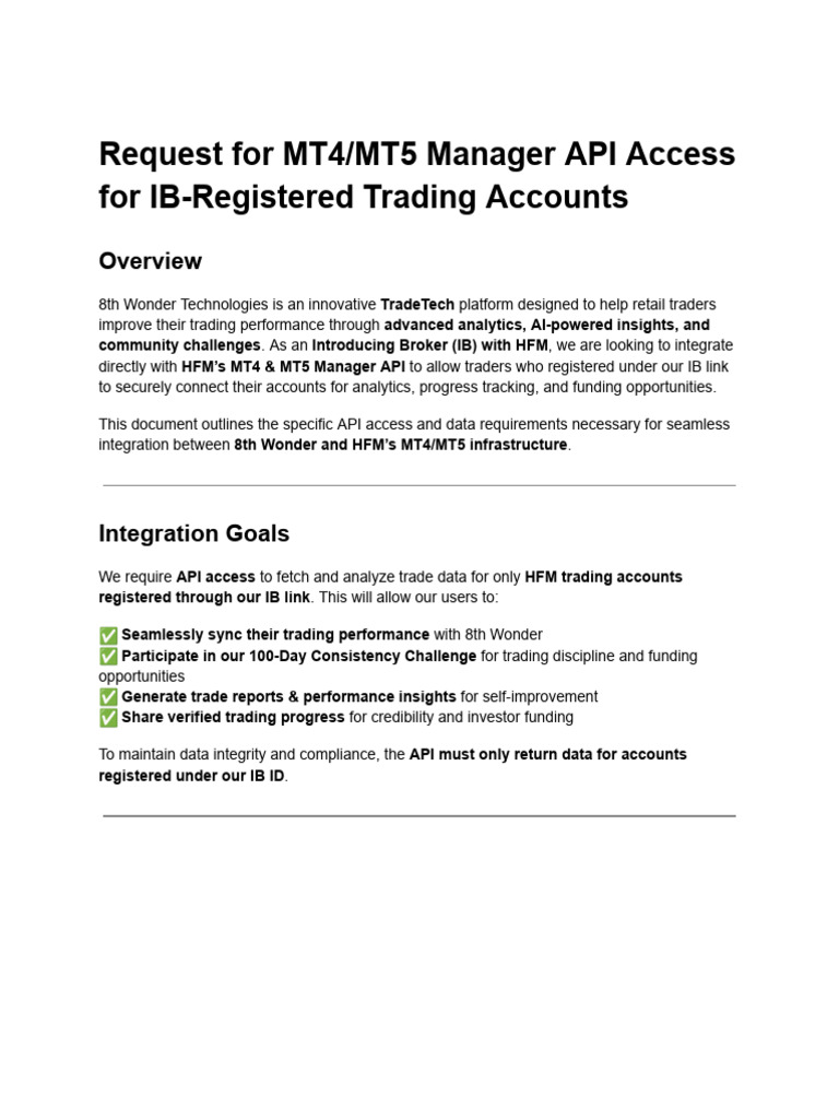 Request For MT4 MT5 Manager API Access For IB Registered Trading | PDF | Analytics | Information ...