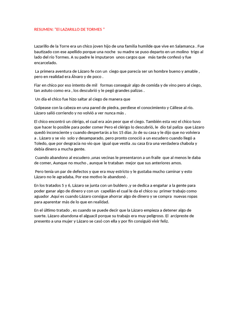 Resumen: "El Lazarillo de Tormes " | PDF