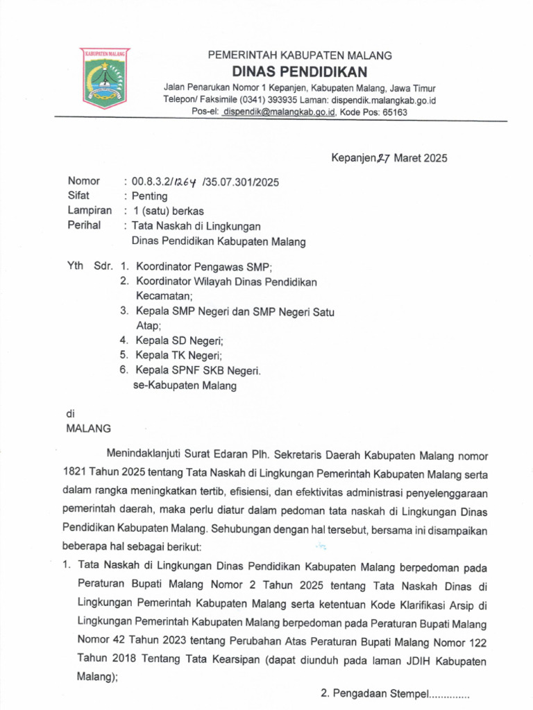 Surat Tata Naskah Dinas Pendidikan | PDF