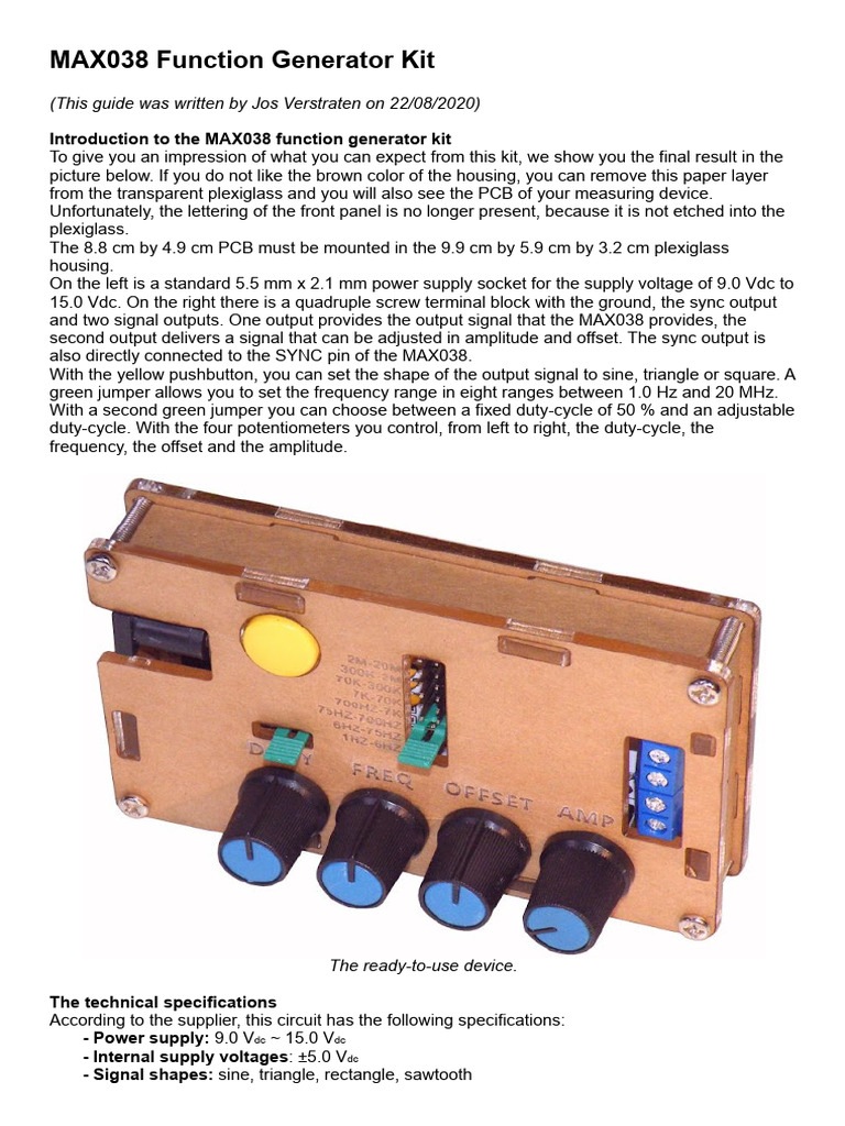 MAX038_Function_Generator_Kit_Manual | PDF | Operational Amplifier | Printed Circuit Board
